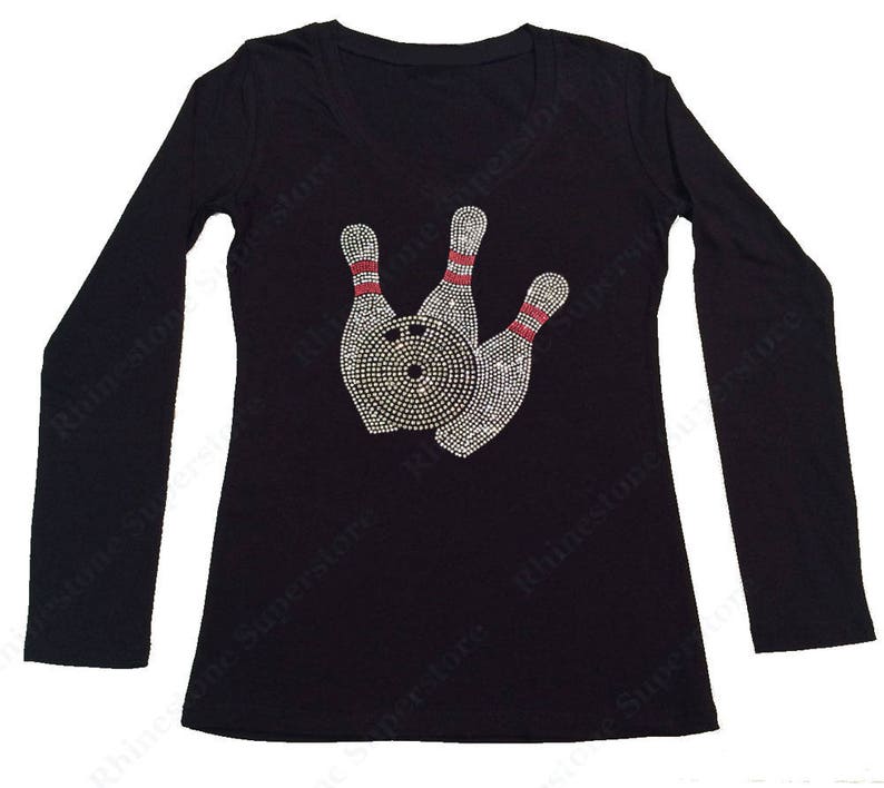 Women's Rhinestone Fitted Tight Snug Shirt " Bowling Pins " in S, M, L ...