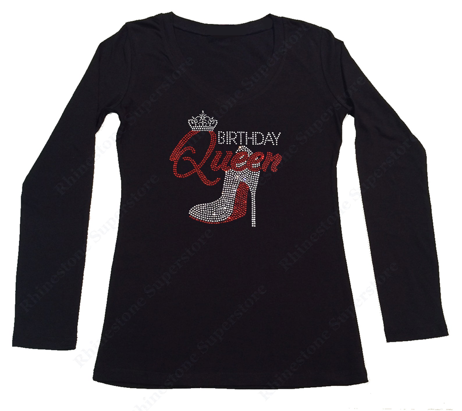Women's Rhinestone Fitted Tight Snug Shirt Red Birthday Queen With Heel ...