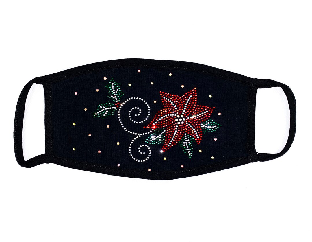 Rhinestone Embellished Face Mask With Poinsettia Flower 100% Cotton 2 ...