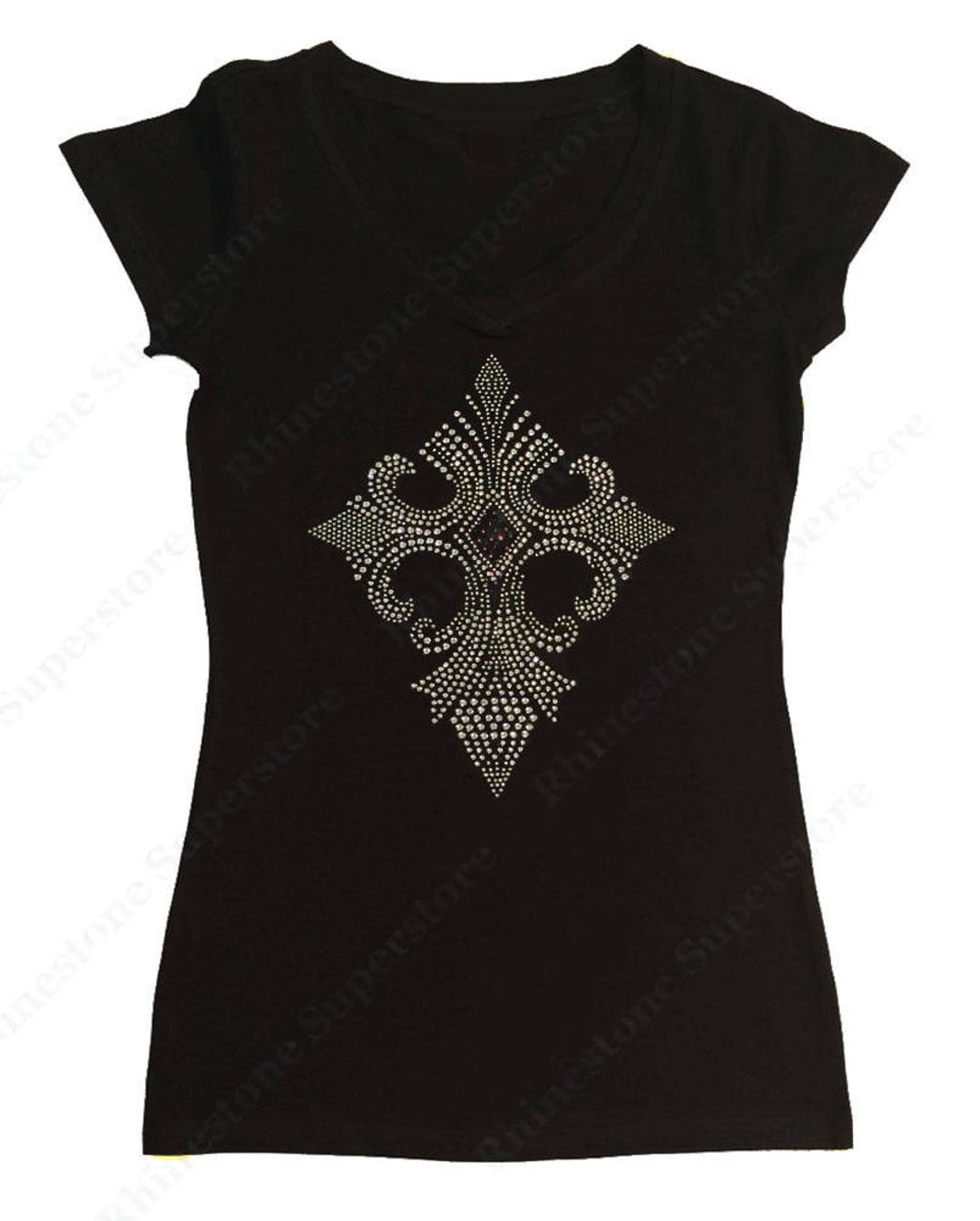 Women's Rhinestone T-shirt " Black Diamond Cross " in S, M, L, 1x, 2x ...
