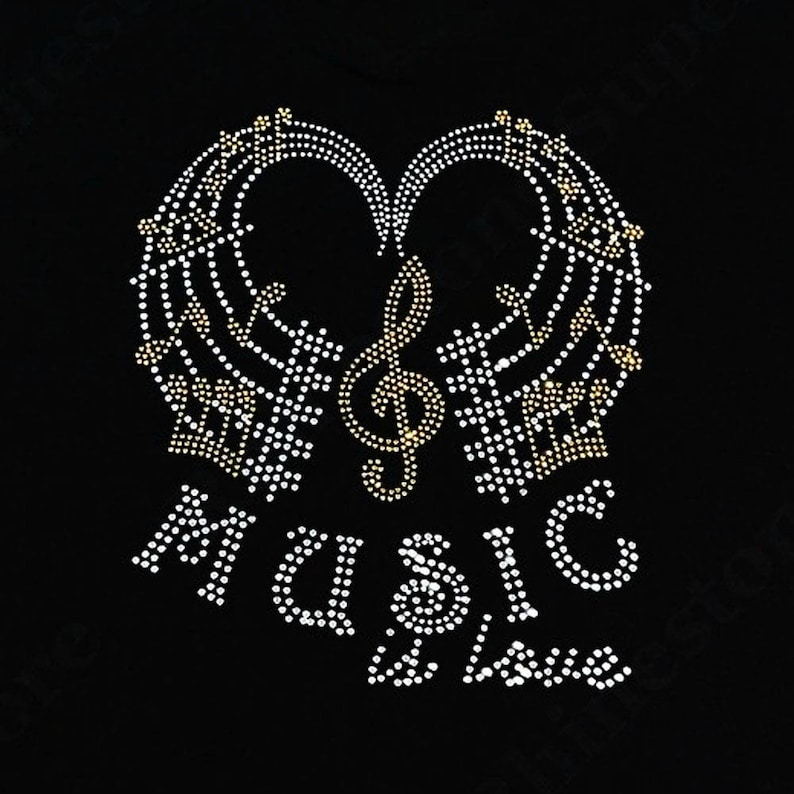 Rhinestone Transfer " Music is Love With Music Notes " Hotfix, Iron On ...