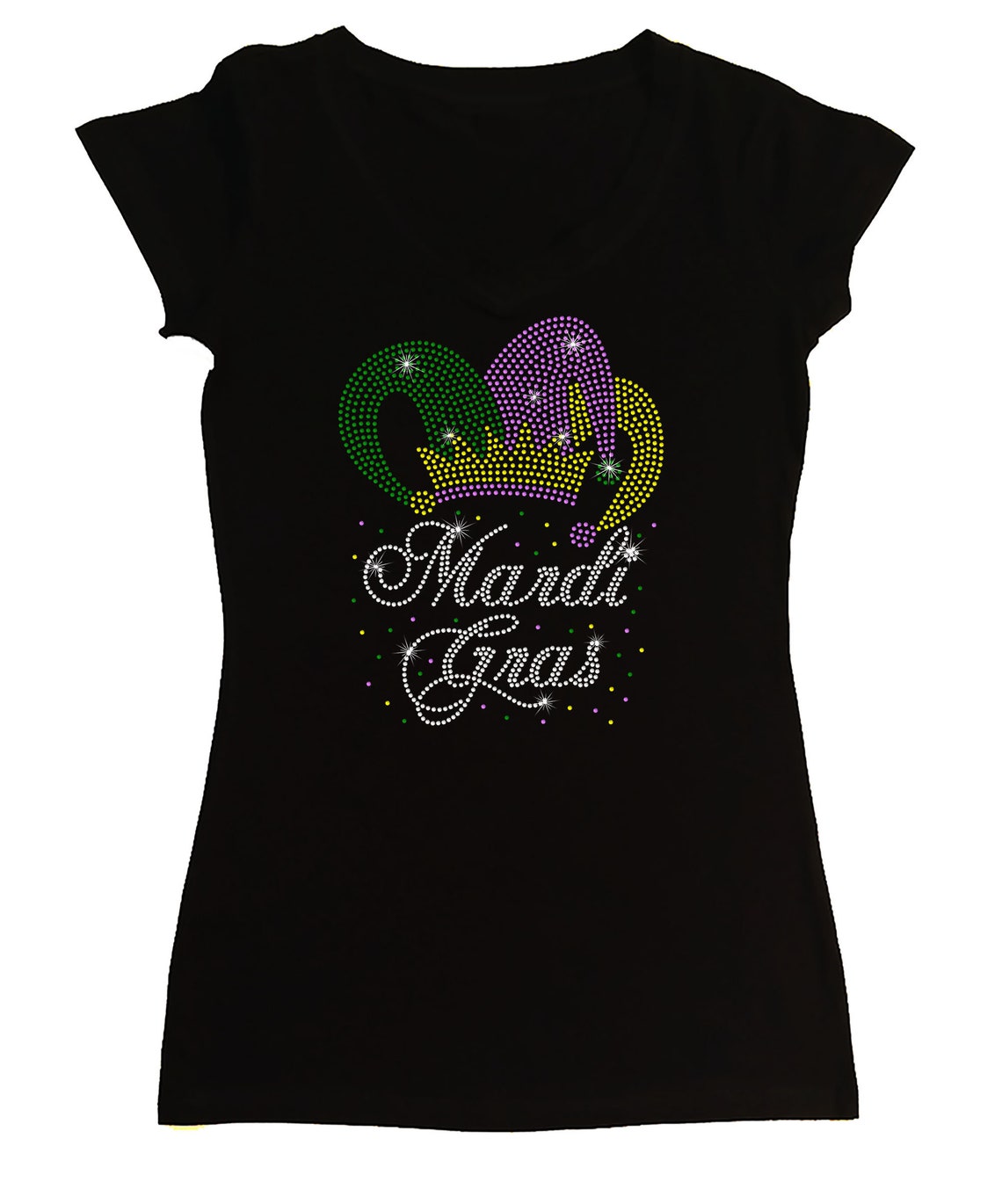 Women's Rhinestones Fitted Tight Snug Shirt " Mardi Gras in Script With ...