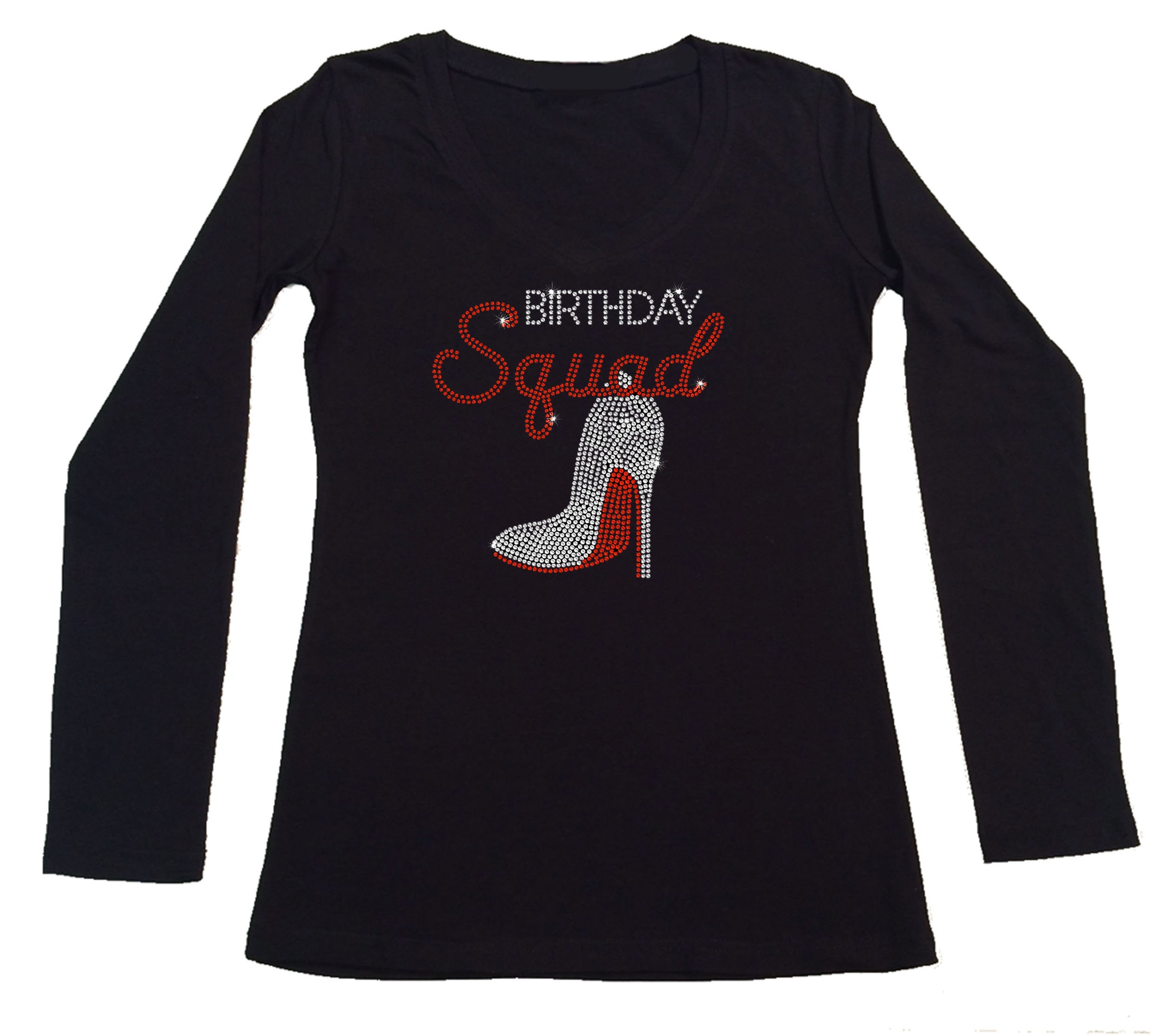 Women's Rhinestone Fitted Tight Snug Shirt " Birthday Squad With Red ...