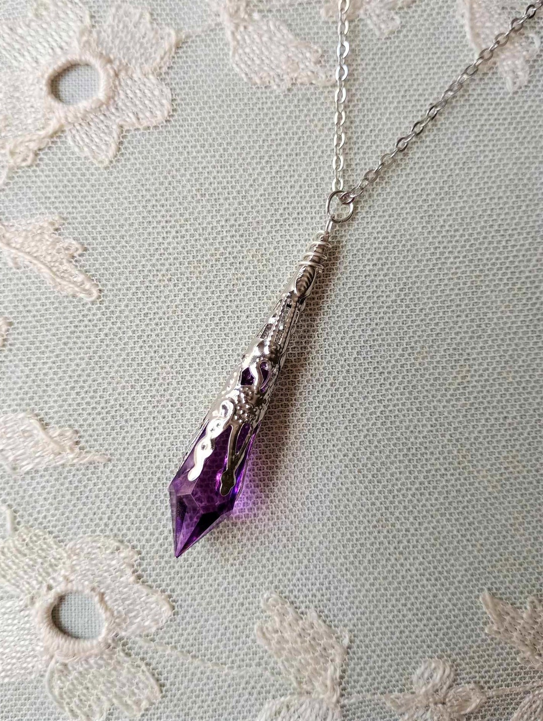 Purple & Antique Silver Gothic Pendant Necklace on 18