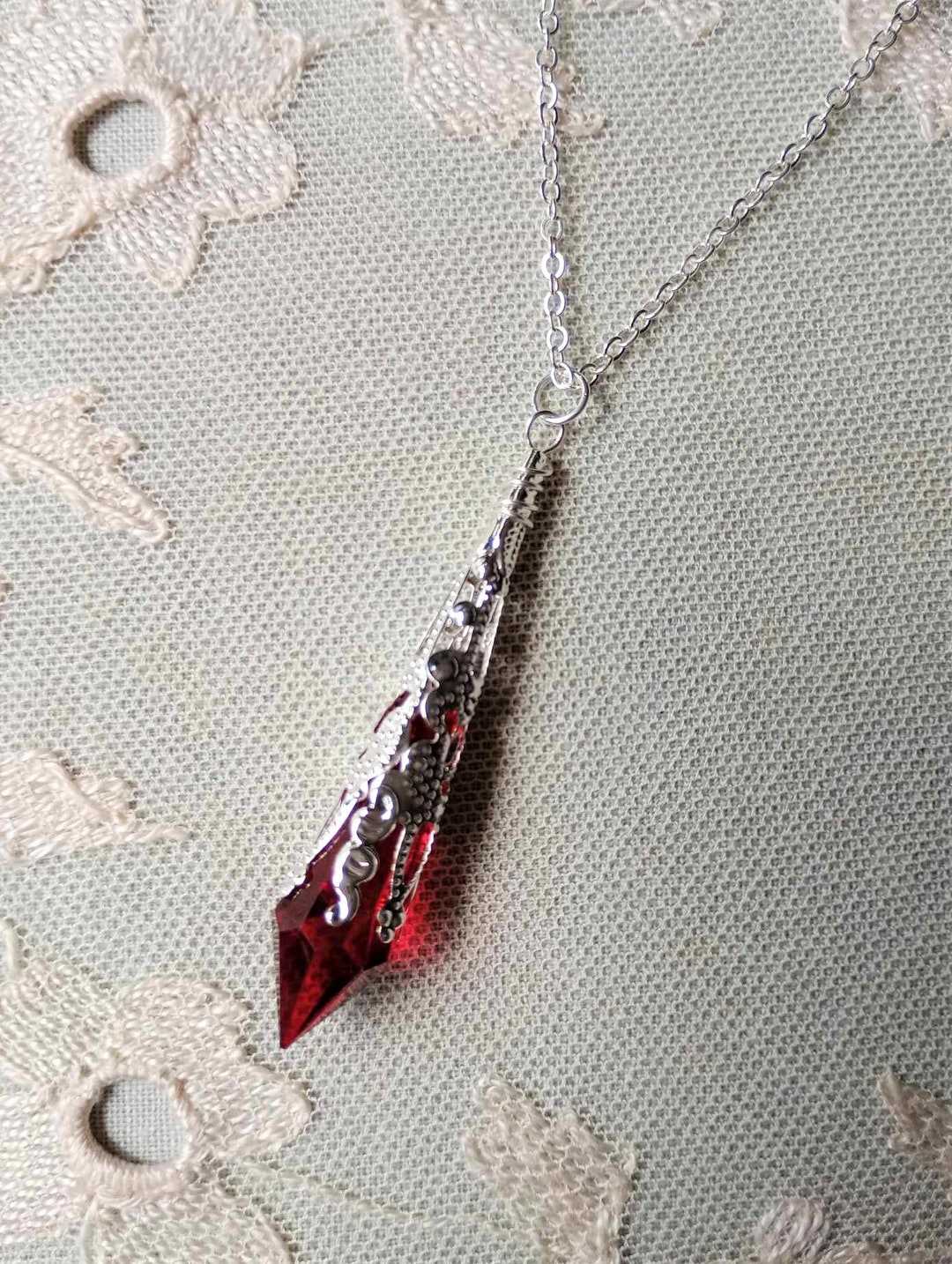 Blood Red Vampire Pendant Necklace: Ornate Silver Plated Filigree ...