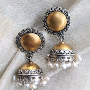 Pure Silver Jhumka With Gold Polish, Dual Tone Sterling Silver Jhumki ...