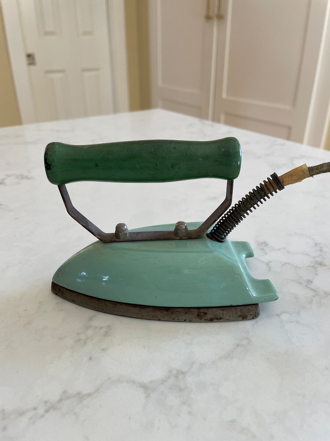 Antique Child’s Electric Iron, Aqua/green Metal Iron With Wood Handle ...