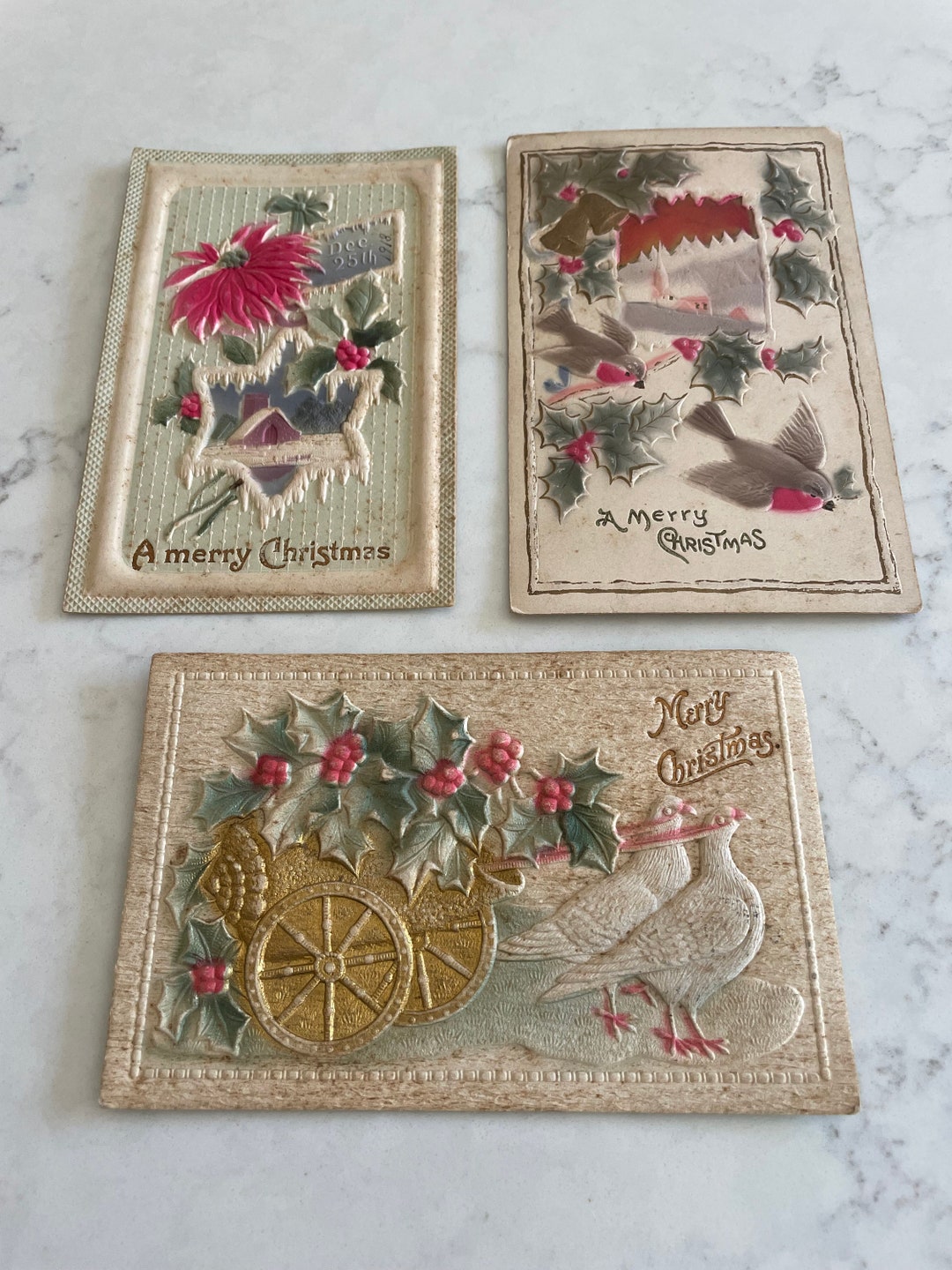 Antique German Postcards, Christmas Embossed Postcards Set of 3, Poinsettia, Holly, Gold/pink ...
