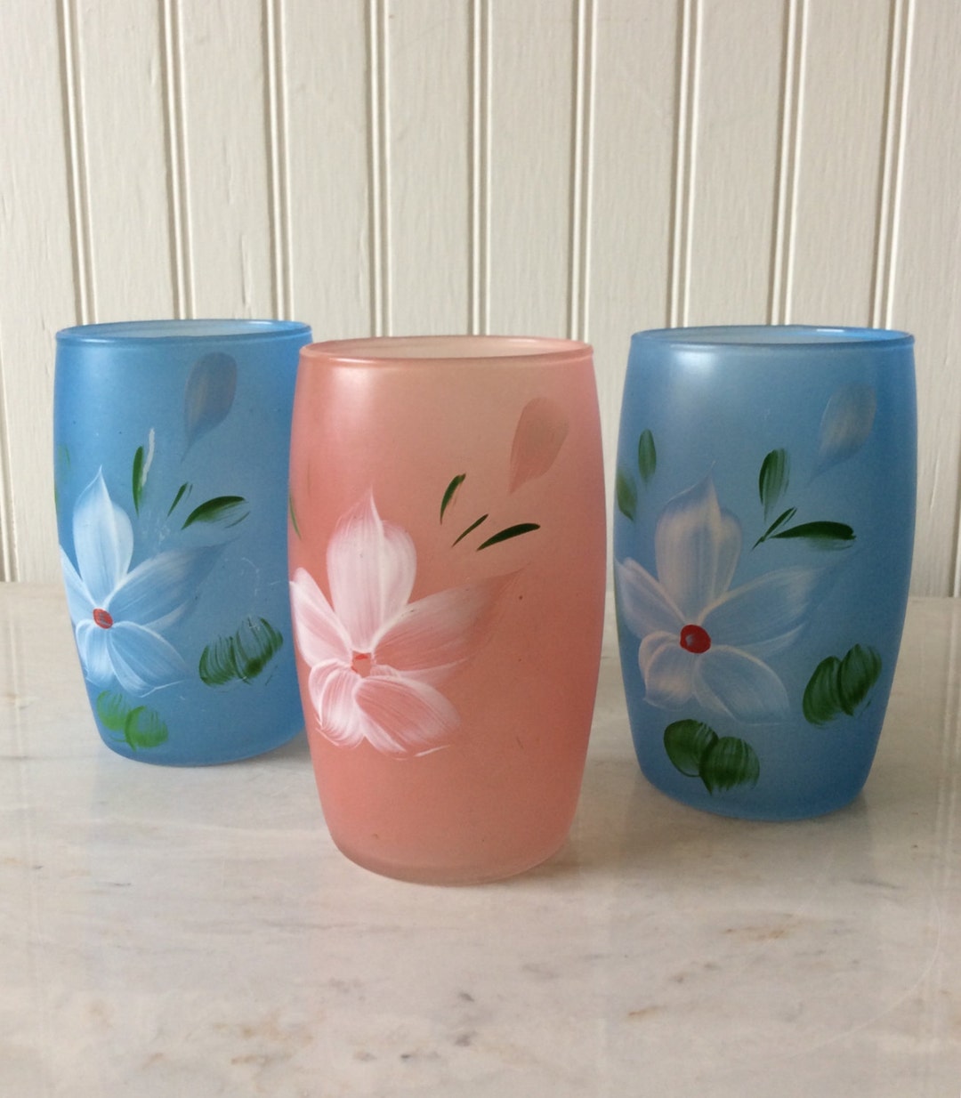 Vintage Set of 3, Handpainted, Frosted Glass Drinkware, Tumblers ...