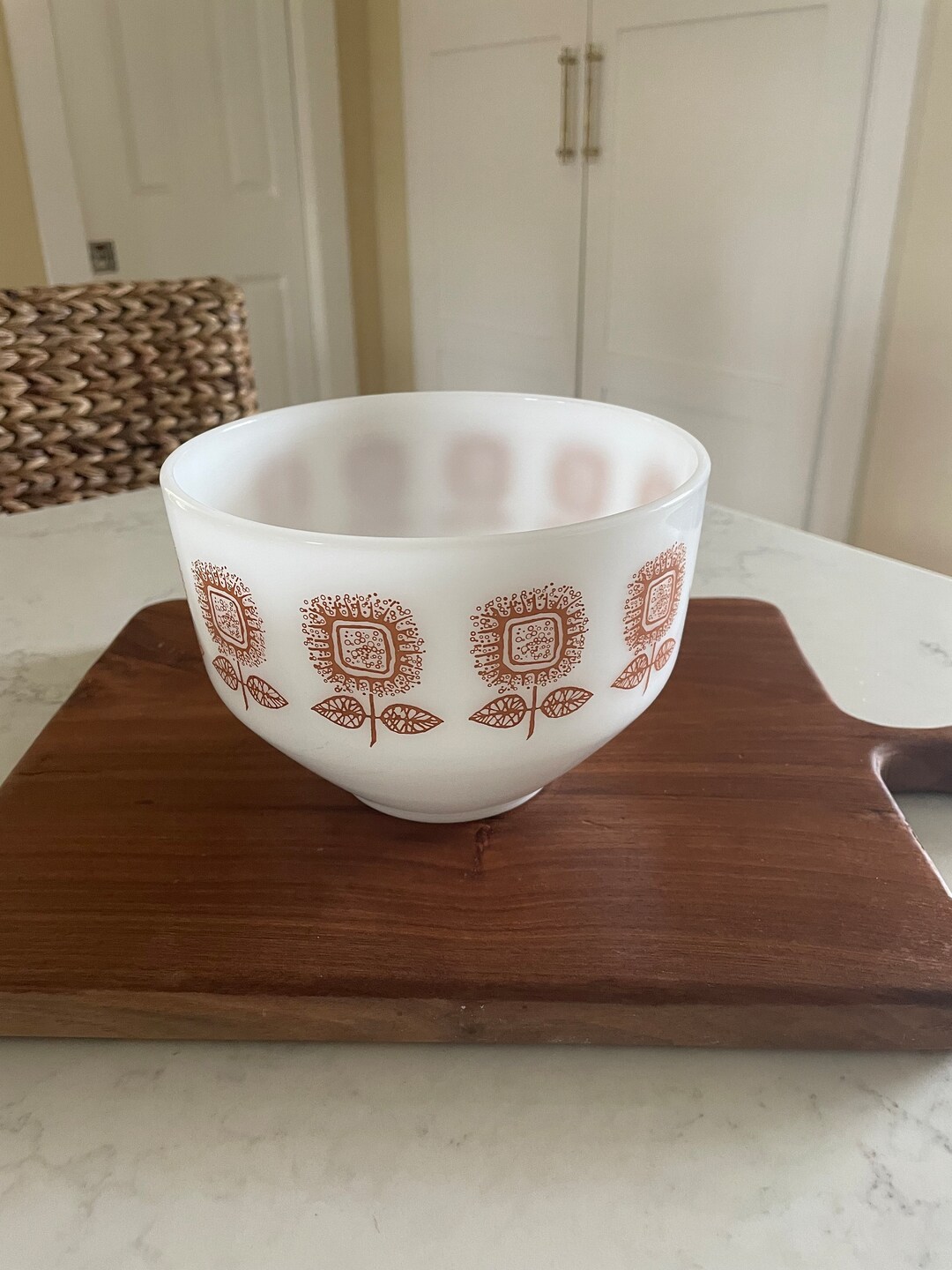 Vintage Federal Milk Glass Bowl, Brown Sunflower Mixing Bowl, Retro ...