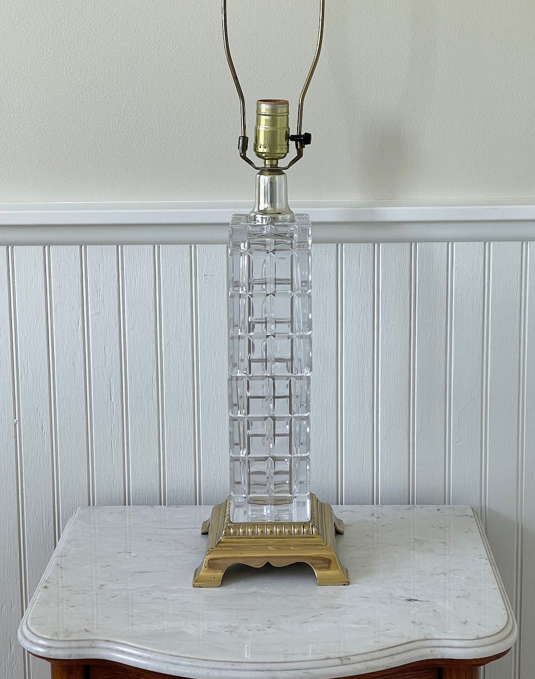 Vintage Crystal Glass Block Table Lamp, Brass & Glass Cube Lamp, Cut ...