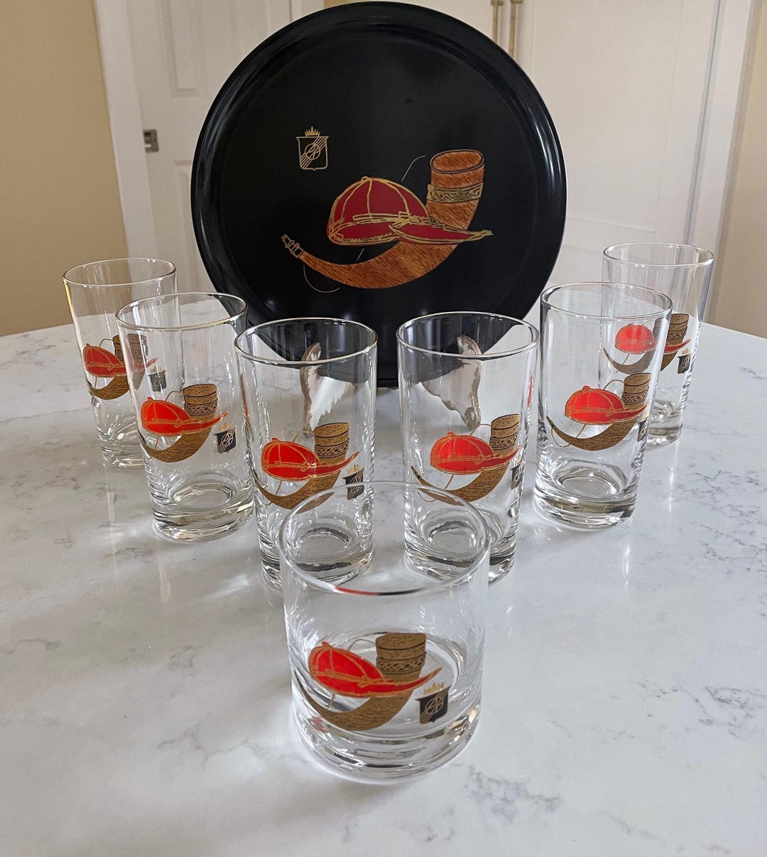 Vintage Equestrian Fox Hunting Barware Glasses With Matching Tray, Set ...