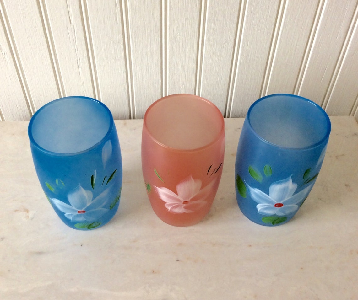 Vintage Set of 3 Handpainted Frosted Glass Drinkware - Etsy