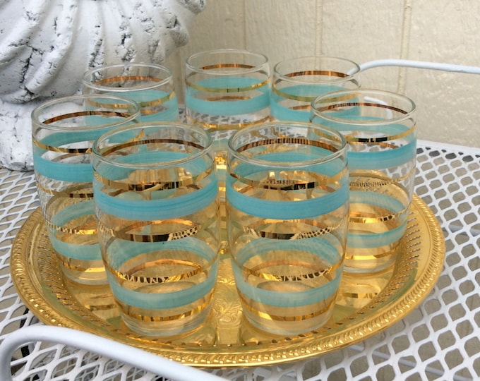Libbey Rock Sharpe / Aqua & Gold Set of Seven Luster Band - Etsy