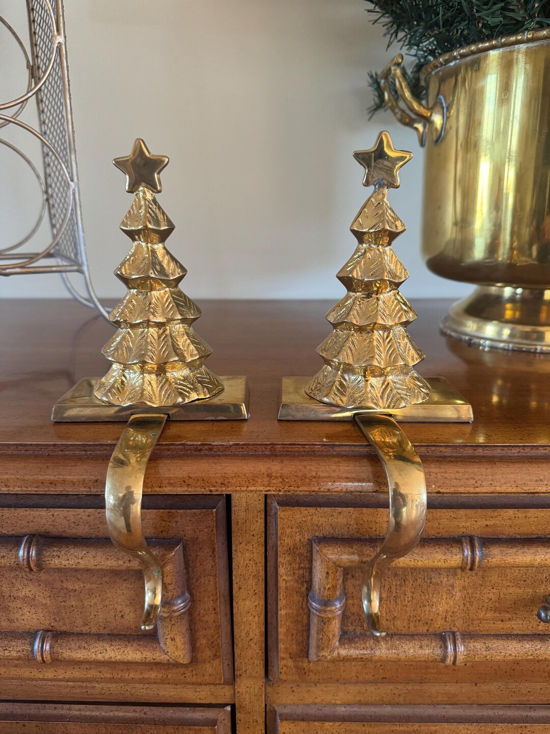 Vintage Pair of Brass Christmas Tree With Star Stocking Holders, (sold ...