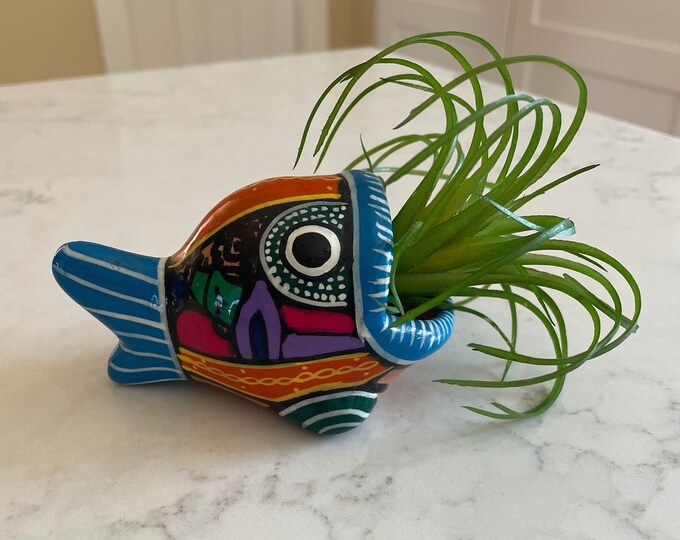 Vintage Mexican Pottery Fish Planter, Open Mouth Fish Hand Painted Folk ...