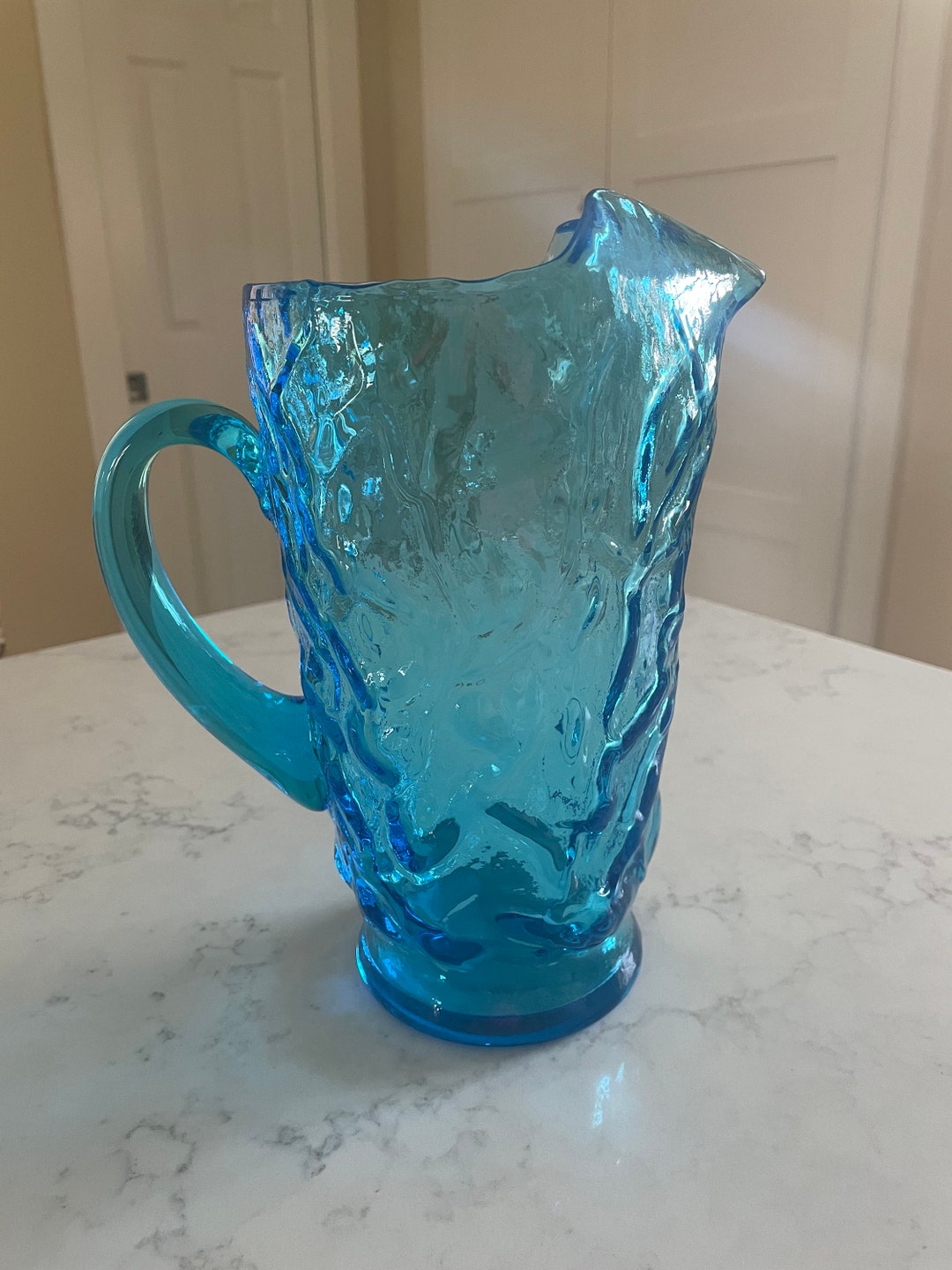 Vintage Seneca Glass Pitcher, Aqua Blue Pitcher, Driftwood/seneca, MCM ...