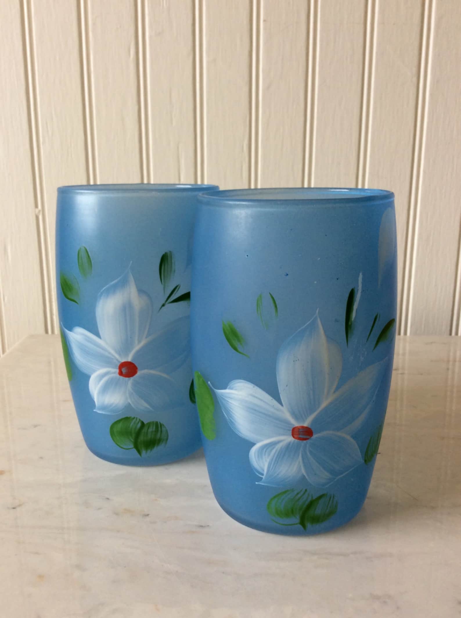 Vintage Set of 3 Handpainted Frosted Glass Drinkware - Etsy