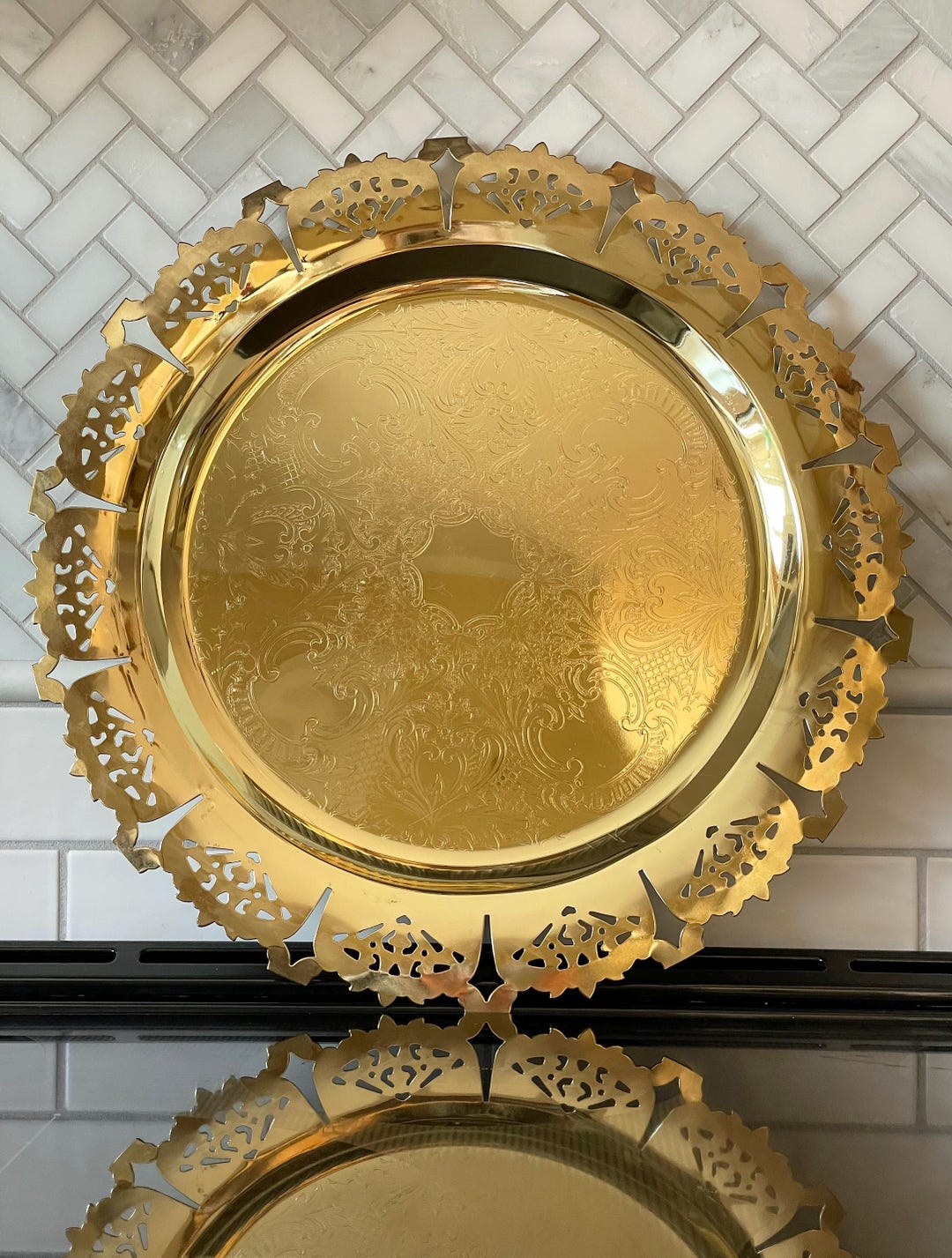 Vintage 16” Large Gold Tray, Etched Gold Metal Tray, Ornate Round Tray ...