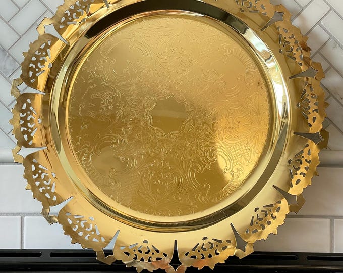 Vintage 16” Large Gold Tray, Etched Gold Metal Tray, Ornate Round Tray ...