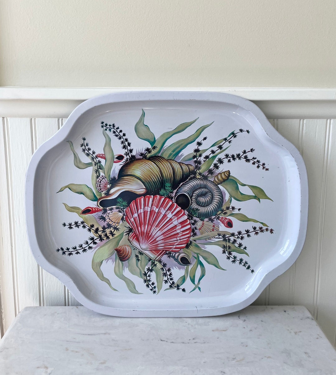 Vintage Large 16” Nautical/coastal Metal Tray, White Tray With Seashell ...
