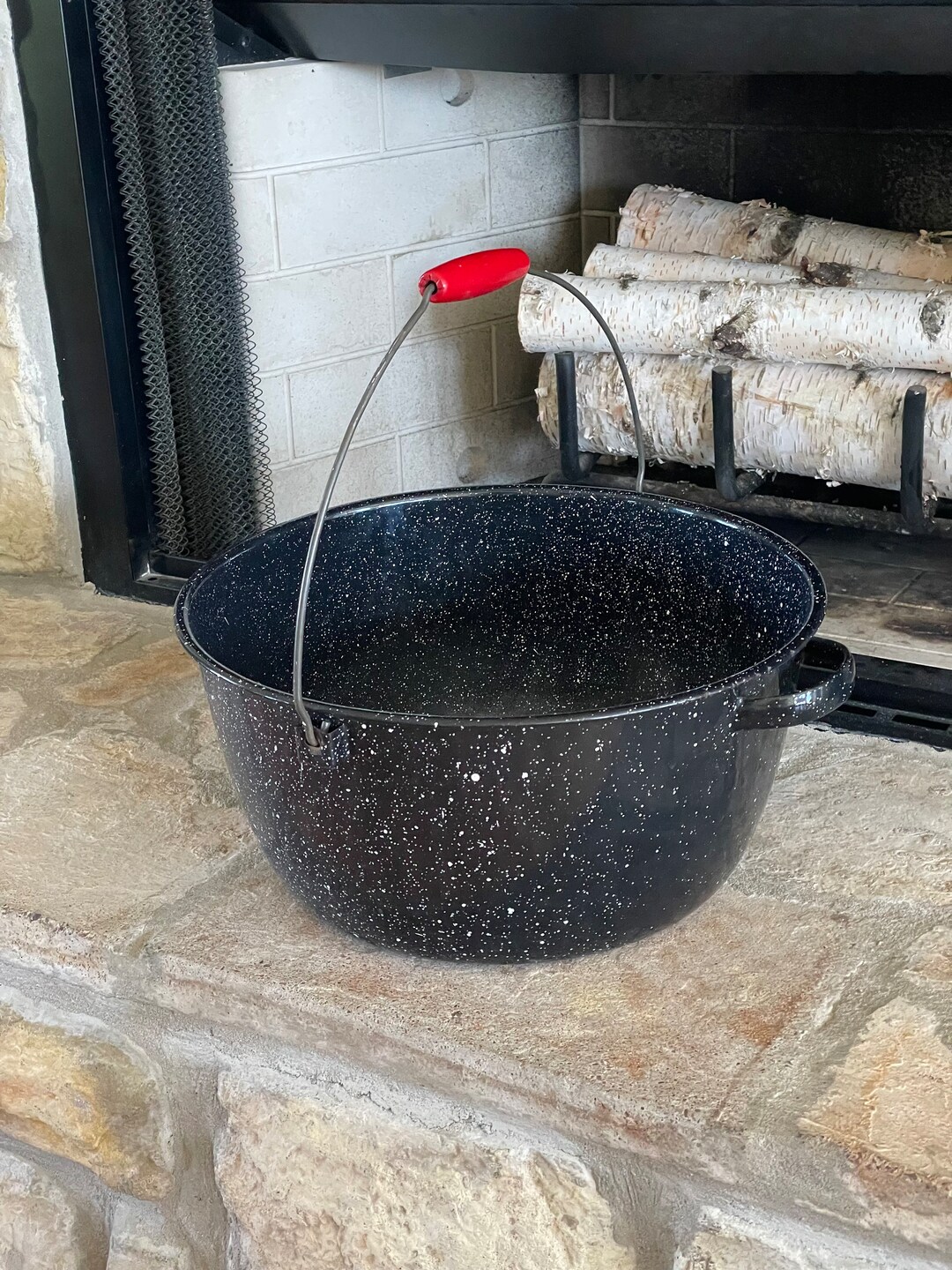 Vintage Black and White Speckled Enamelware Pot With Wood/metal Wire ...