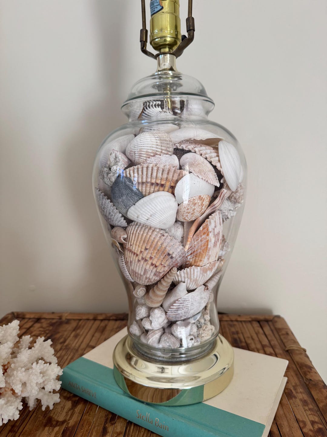 Vintage Glass Ginger Jar Lamp With Seashells, Clear Glass Seashell ...