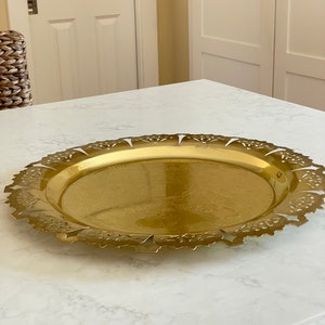 Vintage 16” Large Gold Tray, Etched Gold Metal Tray, Ornate Round Tray ...