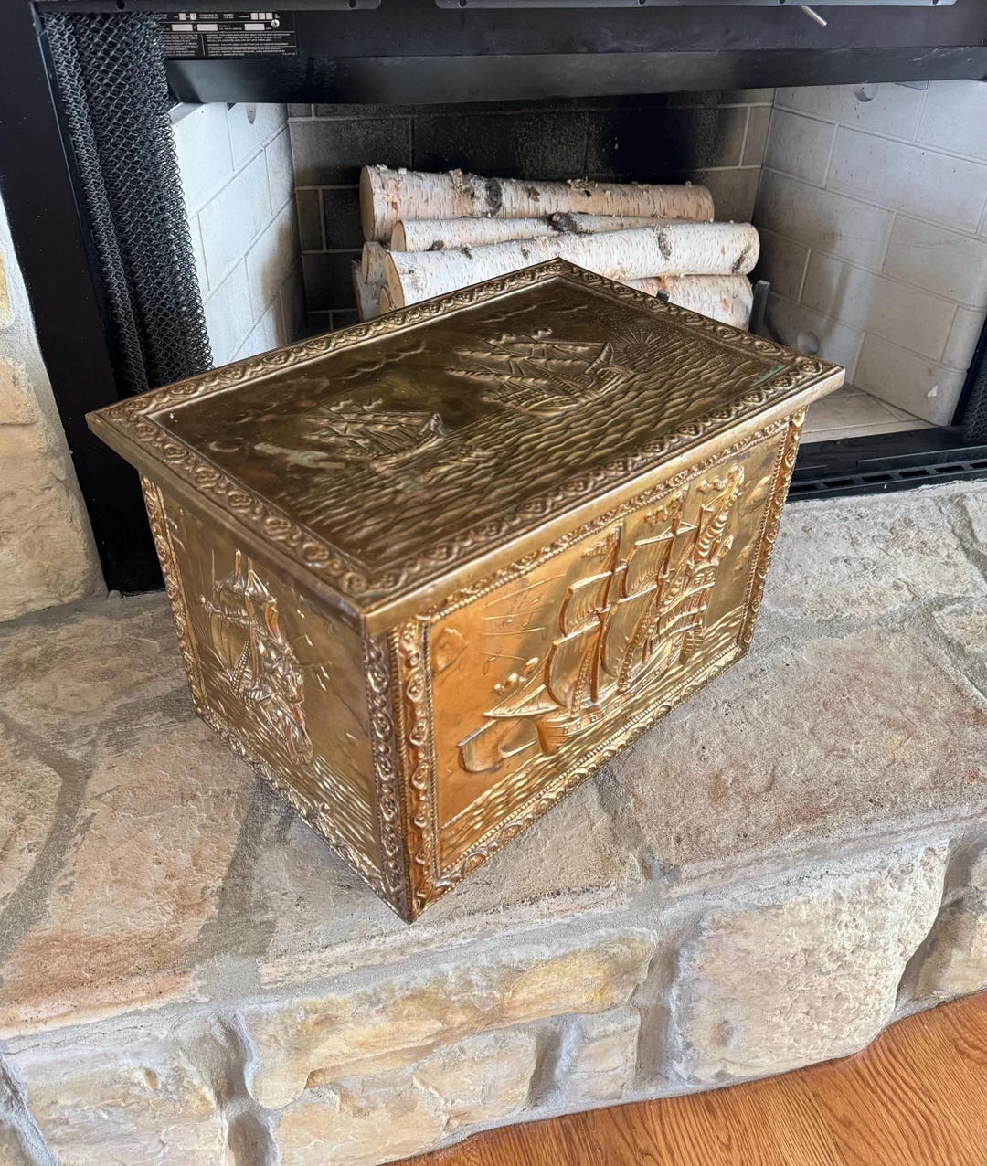 Vintage Large 18” Brass Repousse Fireside Box, English Clipper Ship ...