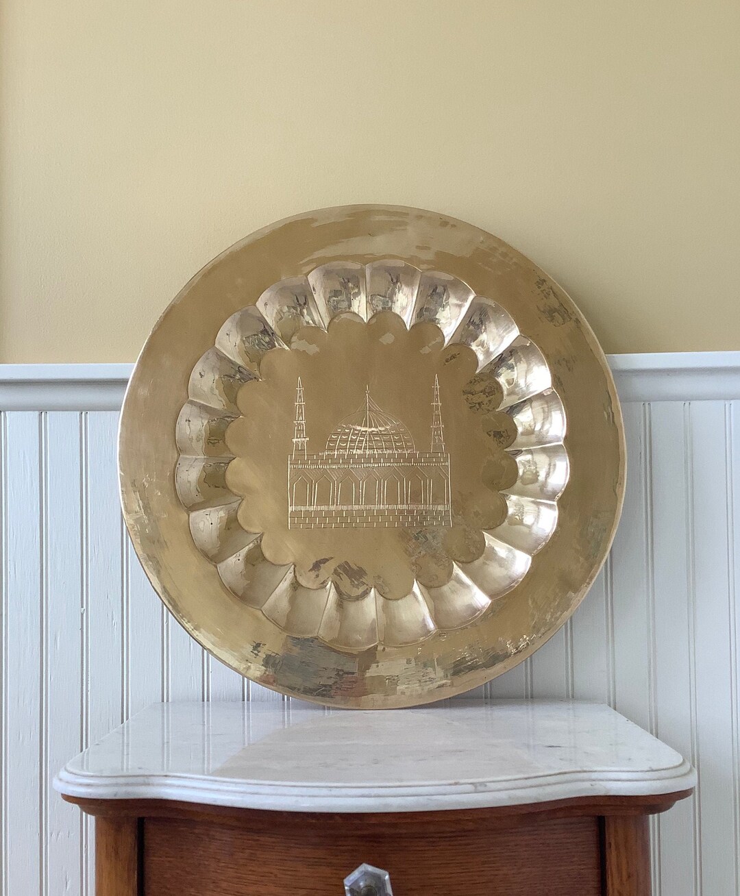 Vintage 19” Lrg. Etched Brass Tray, Taj Mahal Brass Tray, Mausoleum ...