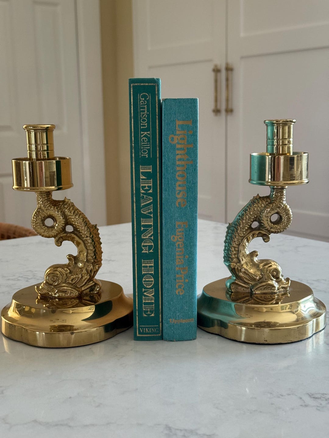 Vintage Pair of Large Brass Sea Serpent Candleholders, Lacquered Brass ...