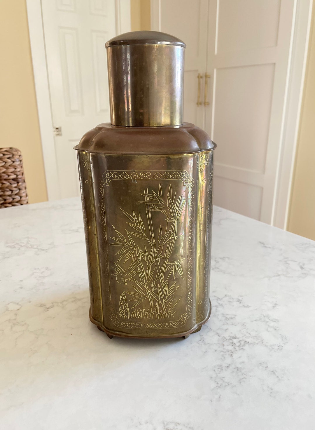 Vintage Large 12” Brass Asian Tea Canister, Tea Caddy, Footed Engraved ...