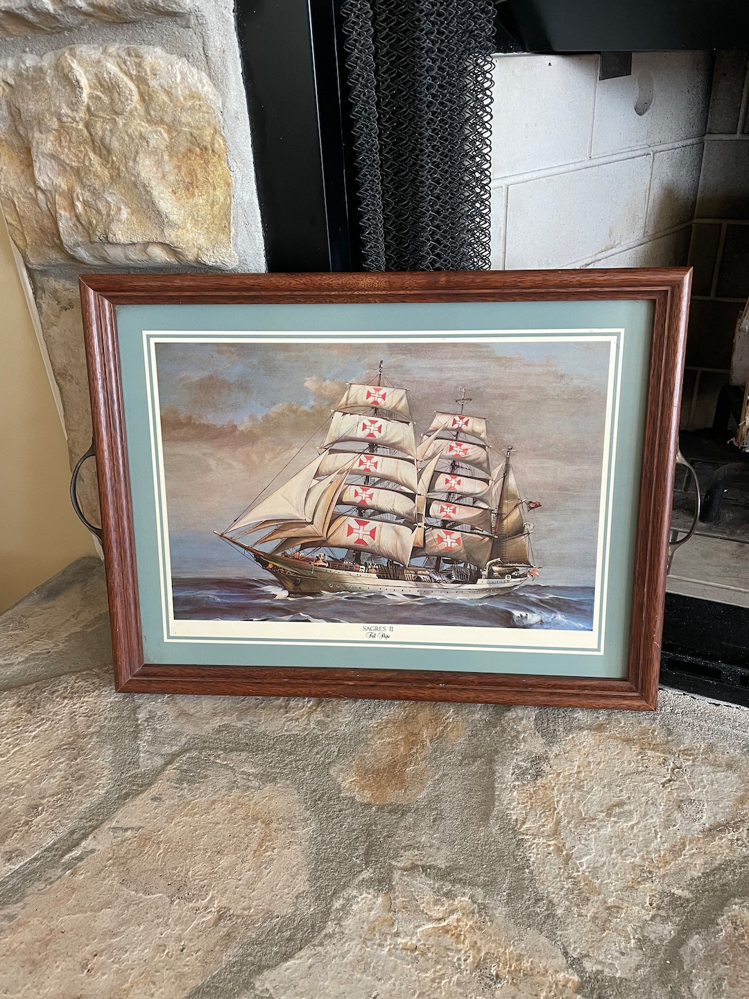 Vintage Wood Framed Clipper Ship Tray W/handles, Nautical Tray /wood ...