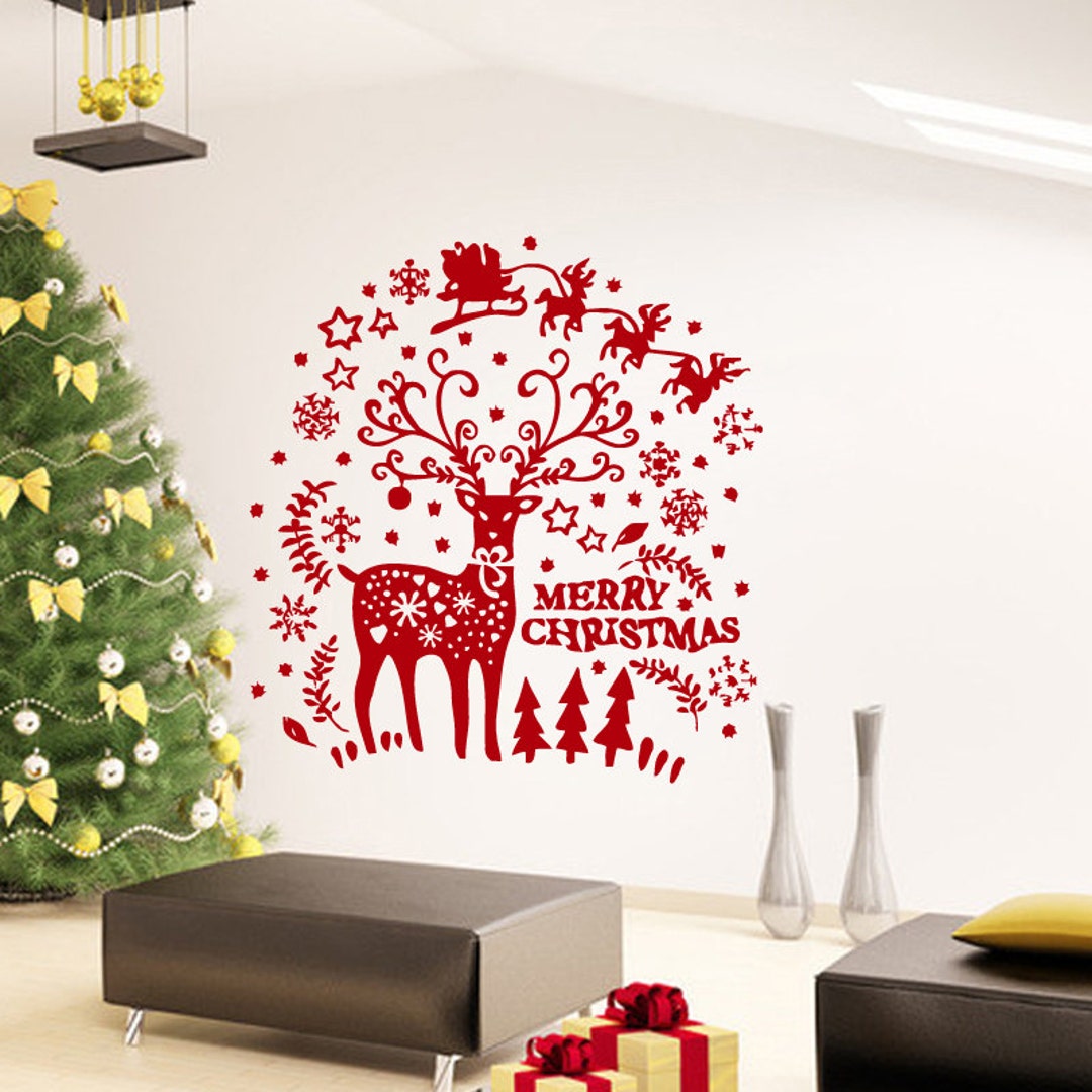 Wall Decals Merry Christmas Santa Claus Snowflakes Reindeer Christmas ...