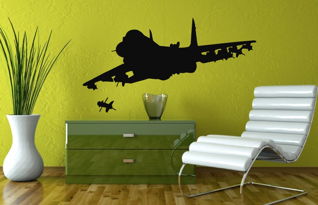 Plane Wall Decals Jet Fighter Vinyl Sticker Firing Missile Flying Decal ...