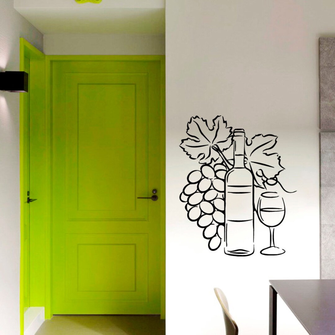 Wine Wall Decal Bottle With Grapes Decal Cafe Vinyl Sticker Kitchen ...