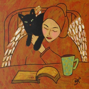 Angel and Black Cat Reading Book Original Art Print, Young Woman ...
