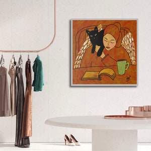 Angel and Black Cat Reading Book Original Art Print, Young Woman ...