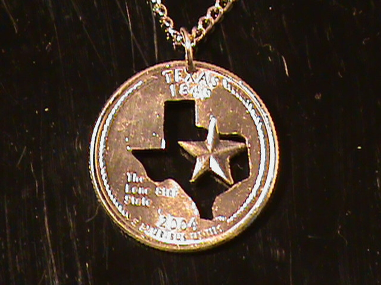 Hand Cut Coin State of Texas Pendant, Includes a 24 Inch Silver Tone ...