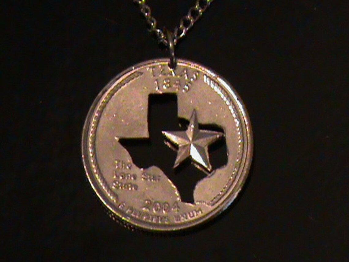 Hand Cut Coin State of Texas Pendant, Includes a 24 Inch Silver Tone ...