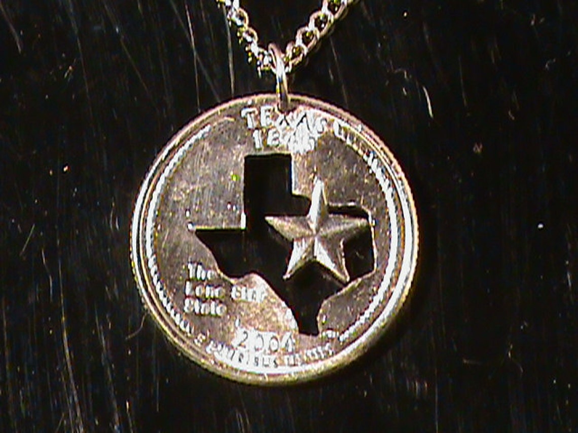 Hand Cut Coin State of Texas Pendant, Includes a 24 Inch Silver Tone ...