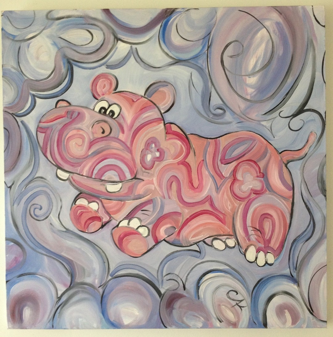 Flying Hippo Oil Painting 36" X 36" - Includes Internal Frame, Painted ...