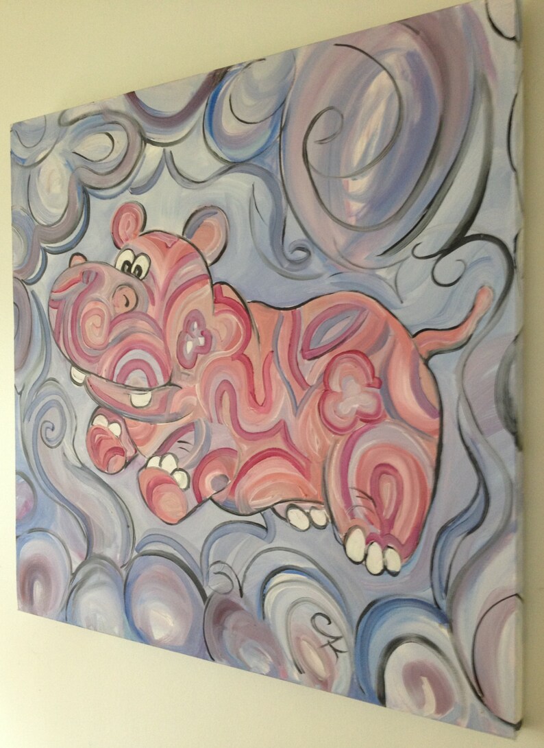 Flying Hippo Oil Painting 36" X 36" - Includes Internal Frame, Painted ...