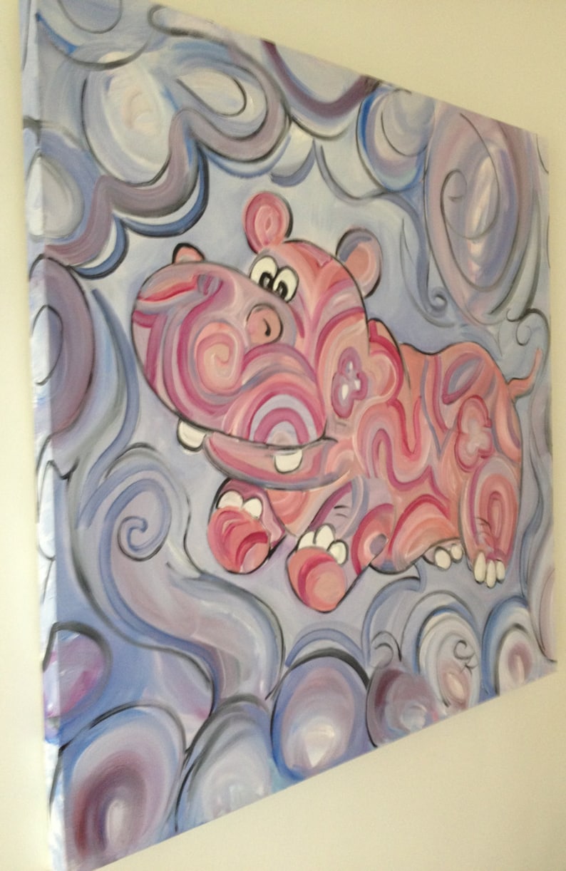 Flying Hippo Oil Painting 36" X 36" - Includes Internal Frame, Painted ...