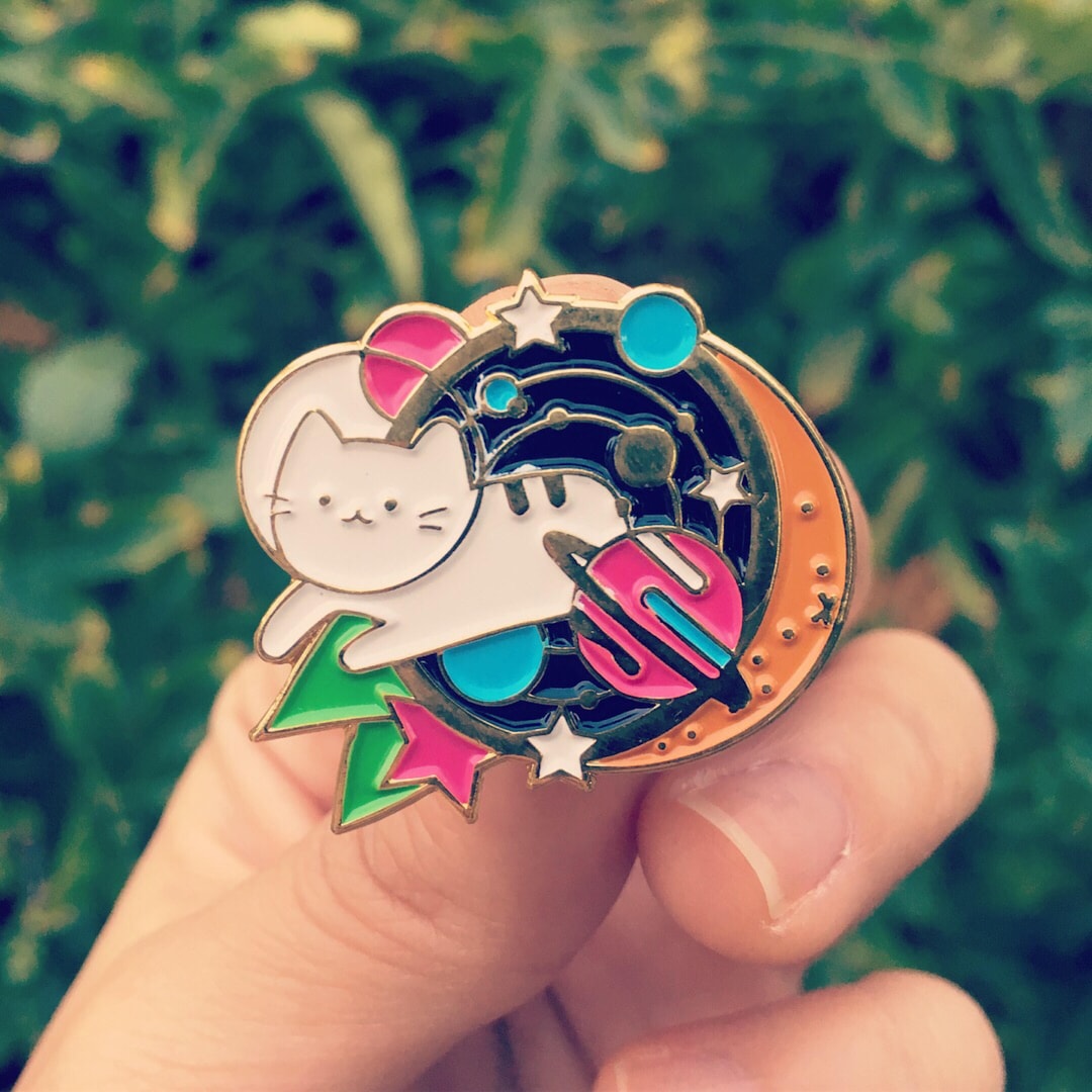 Orange Planet Space Cat Enamel Pin | Cute, Animal, Pink, Blue and Gold, Lapel Pin, Hard Enamel ...