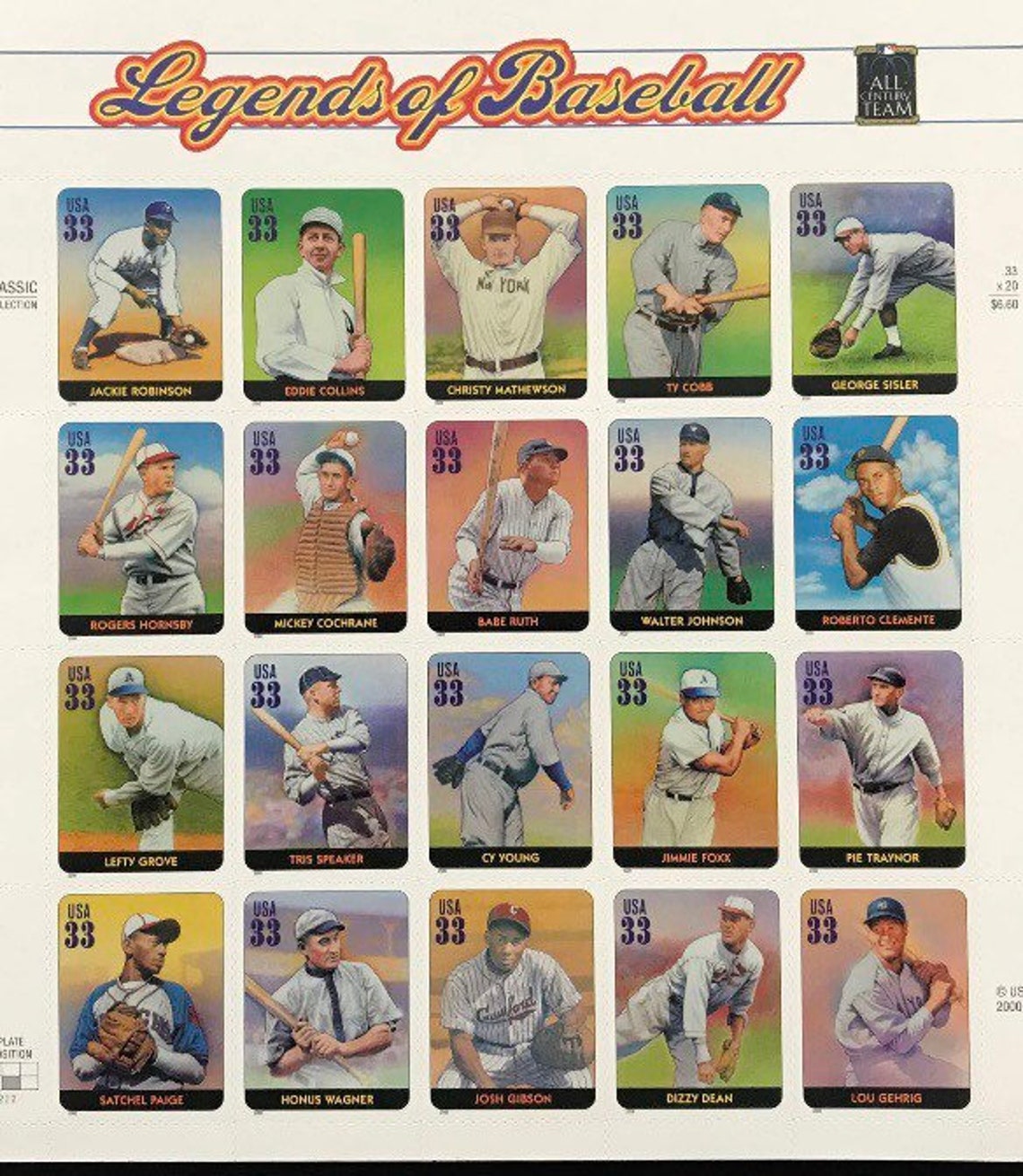 LEGEND OF BASEBALL - Sheet Twenty Stamps Yr 2000 Thirty Three Cent ...