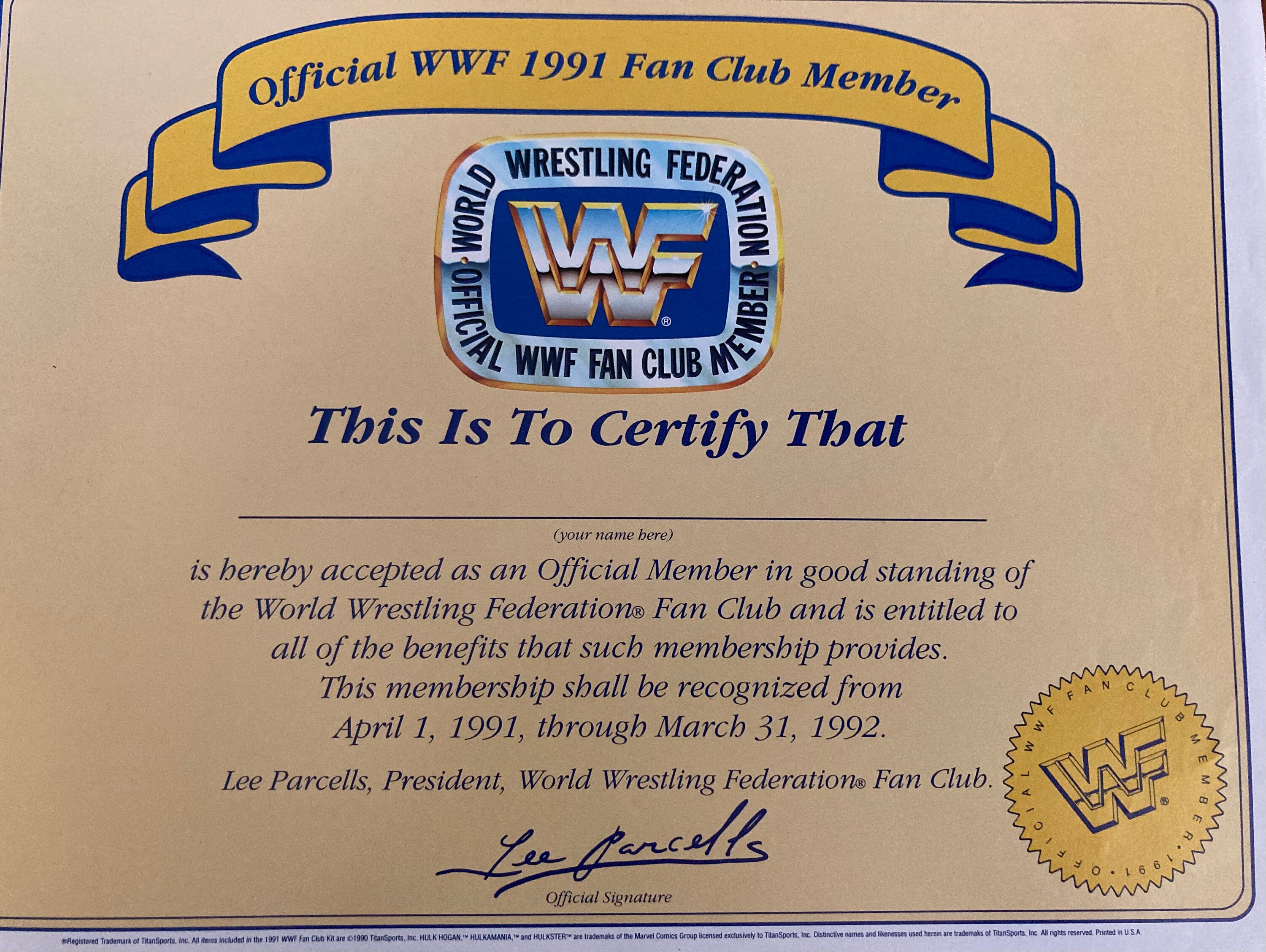 Owen Hart Wrestler Camera Photo WWF Fan Club Member Blank Certificate ...