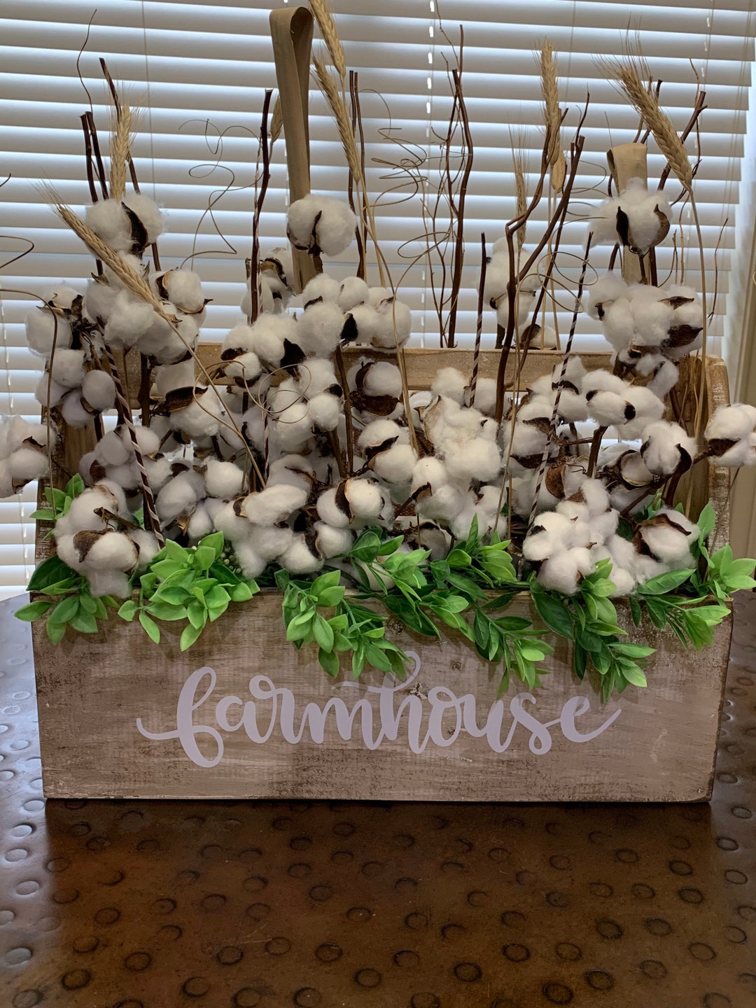 Farmhouse Rustic Box With Handle & Cotton Floral Arrangement - Etsy