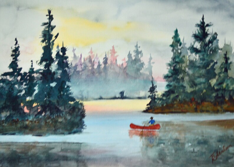 Red Canoe Framed Watercolor Painting Original Nature | Etsy