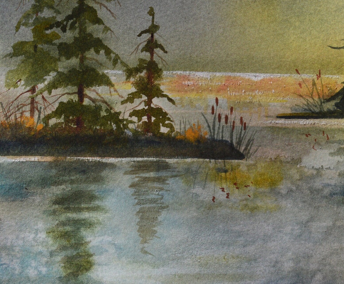 Lake Sunset Watercolor Painting Original Nature Serenity | Etsy